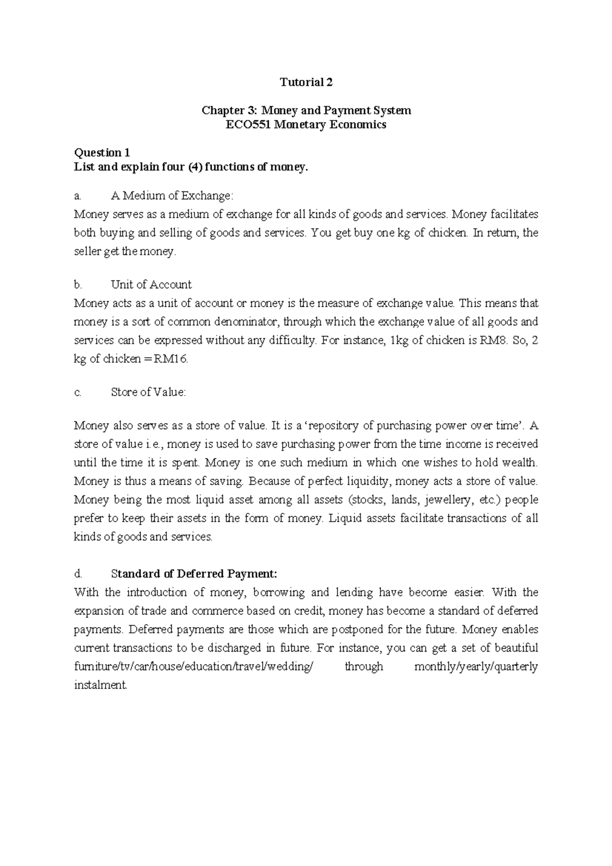 ECO531 Monetary Theory and Policy: Tutorial 2 Question and Answer (Chapter 2) - Tutorial 2 ...