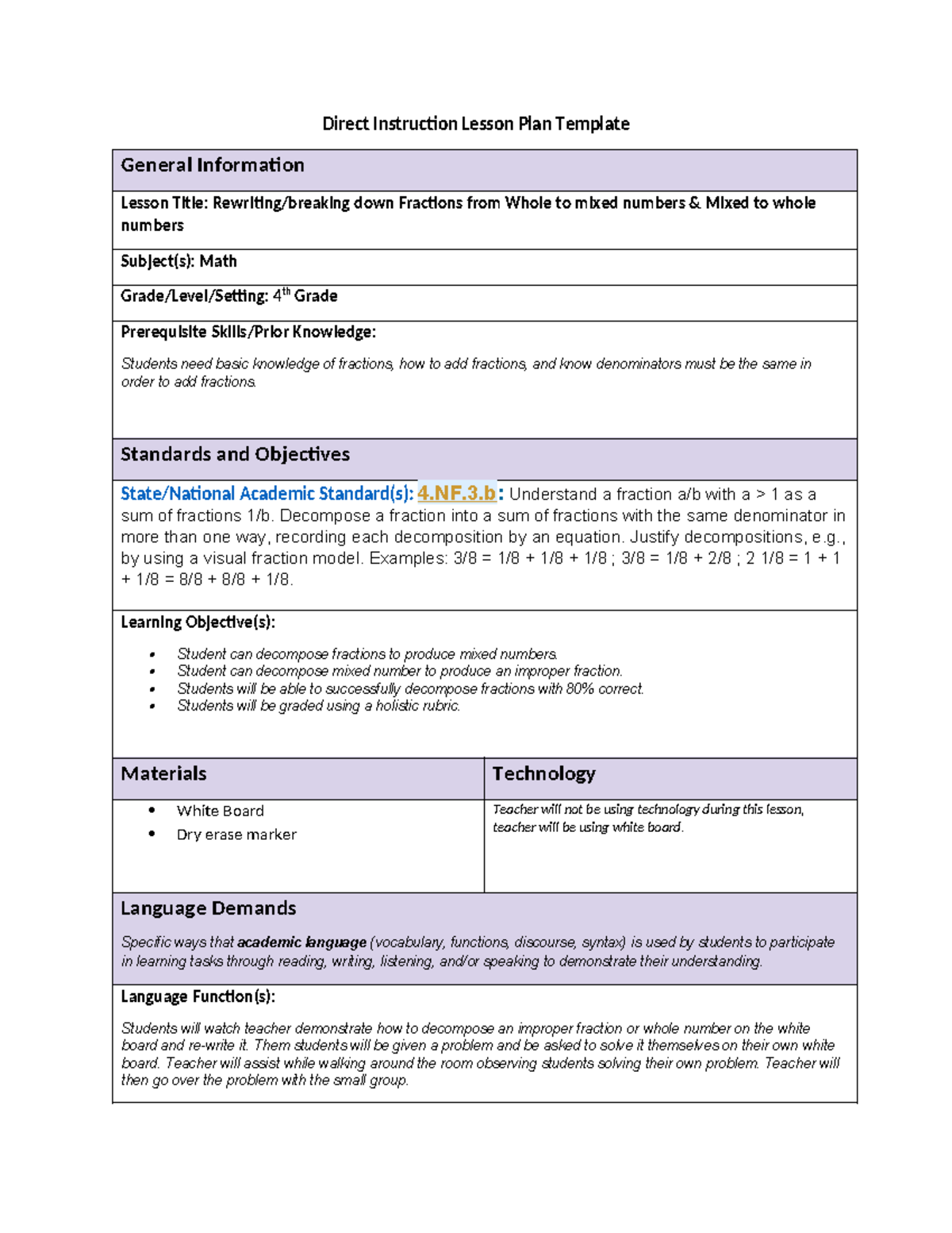 Observation Teaching Lesson Plan - Direct Instruction Lesson Plan ...