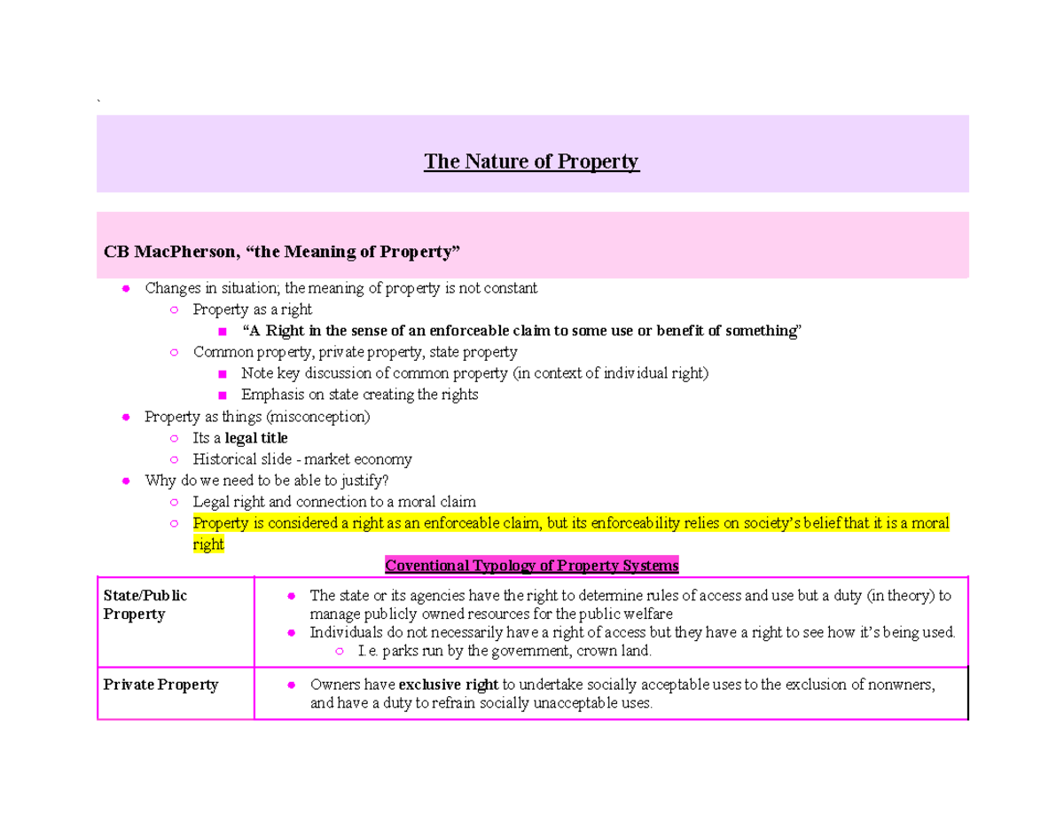 Property Outline - ` The Nature of Property CB MacPherson, “the Meaning ...