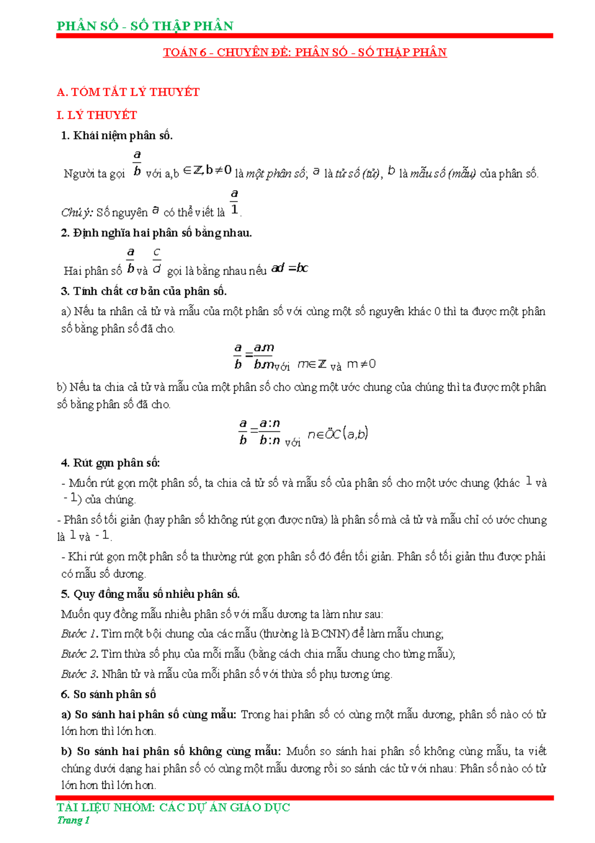 De cuong Toan 6 Phan so So thap phan - TOÁN 6 - CHUYÊN ĐỀ: PHÂN SỐ - SỐ ...