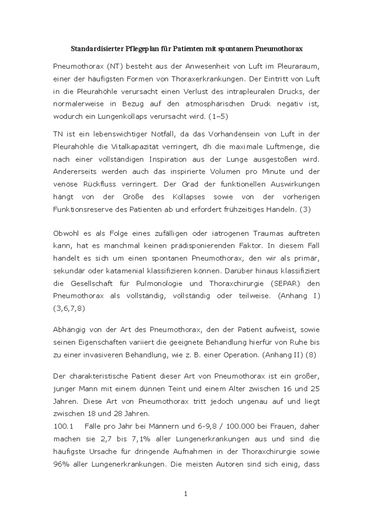Standardisierter Pflegeplan für Patienten mit spontanem Pneumothorax ...