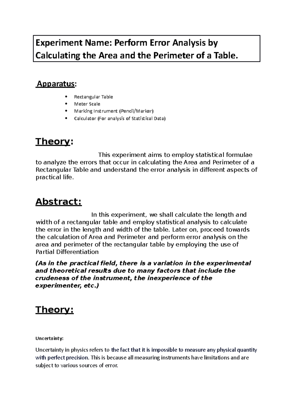 Ap Lab Report 1 Experiment Name Perform Error Analysis By Calculating The Area And The
