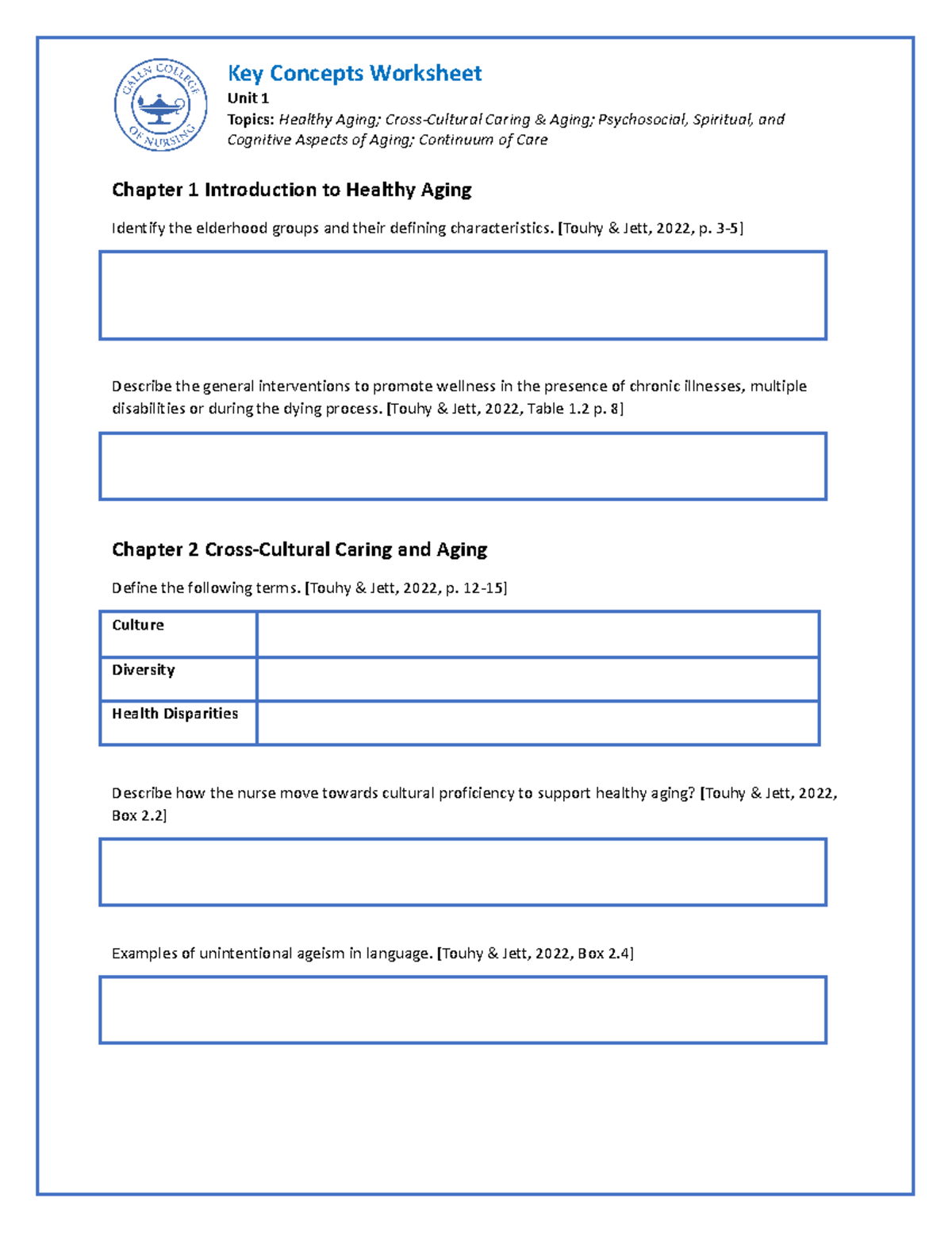 Unit 1 Key Concepts Worksheet (1) nur 256 - Unit 1 Topics: Healthy ...