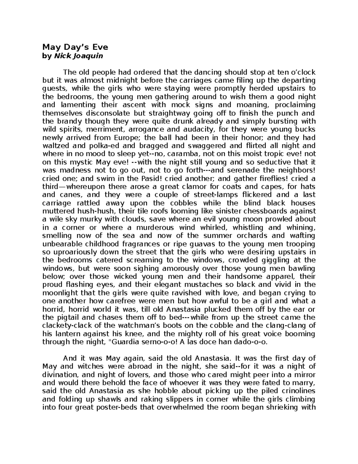 May-Day s-Eve - For Reporting and Role Playing in School - May Day’s Eve by Nick Joaquin The old ...