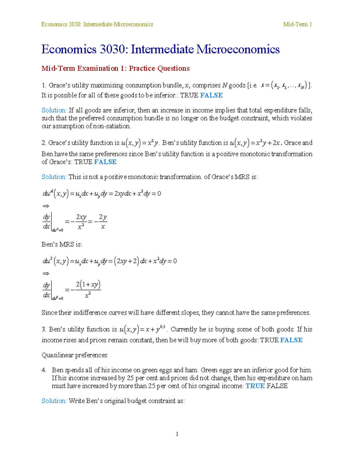 Mid Term 1 - Practice (Solutions) - Economics 3030 : Intermediate Microeconomics Mid-Term - Studocu