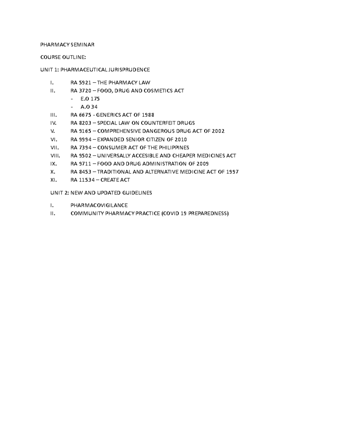 Pharmacy Seminar - PHARMACY SEMINAR COURSE OUTLINE: UNIT 1 ...