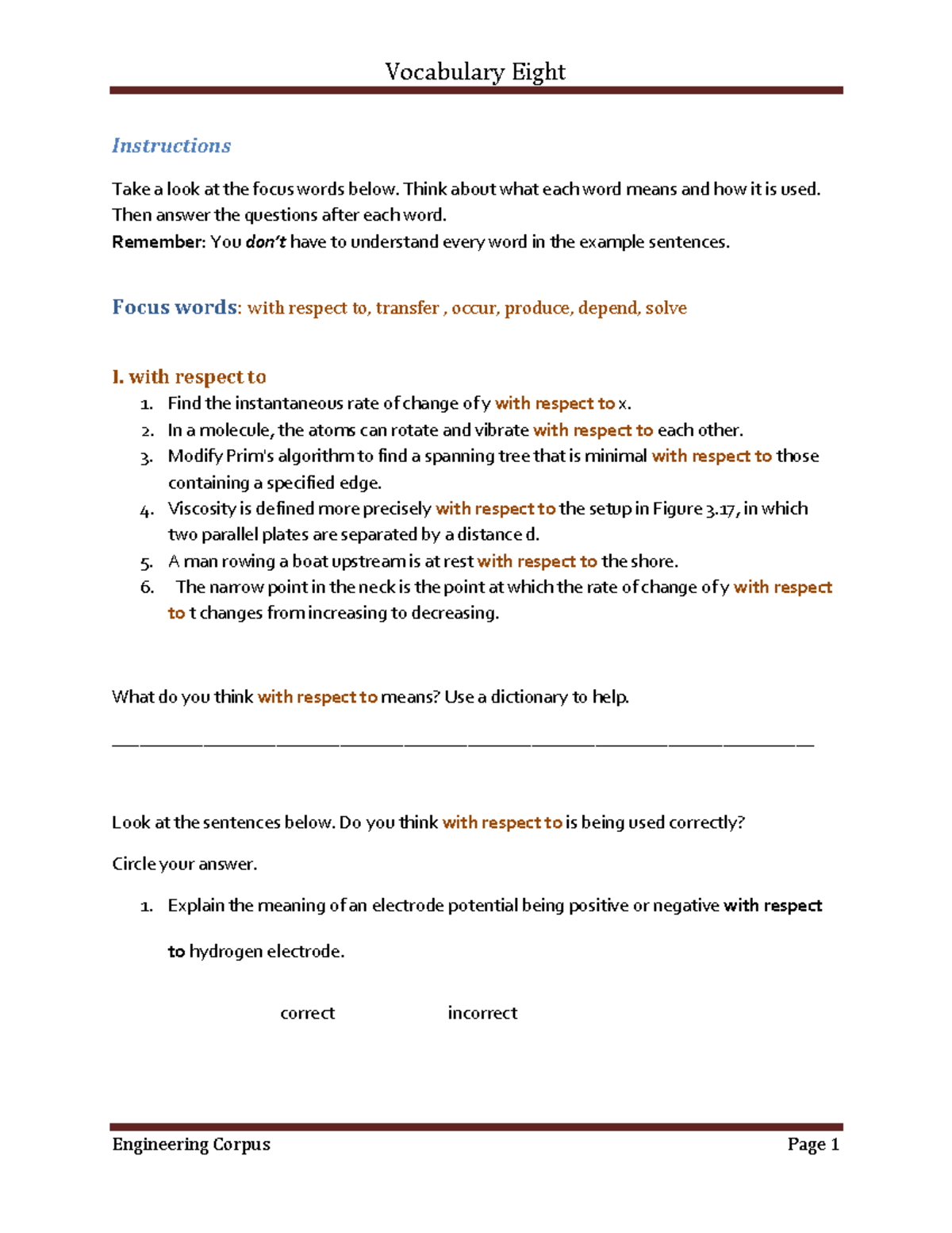 VC Worksheet L1 08 - vocabulary - Instructions Take a look at the focus ...