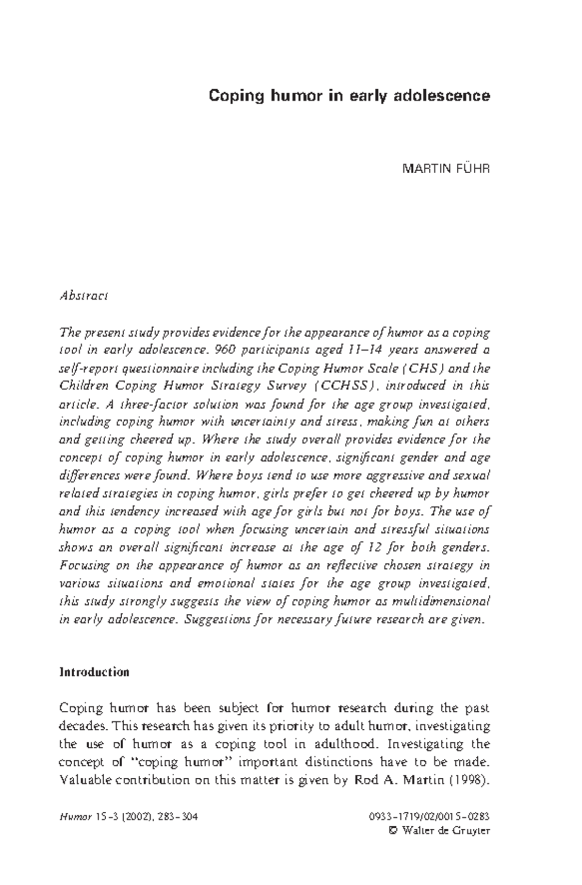 Coping humor in adolescence - Coping humor in early adolescence MARTIN ...