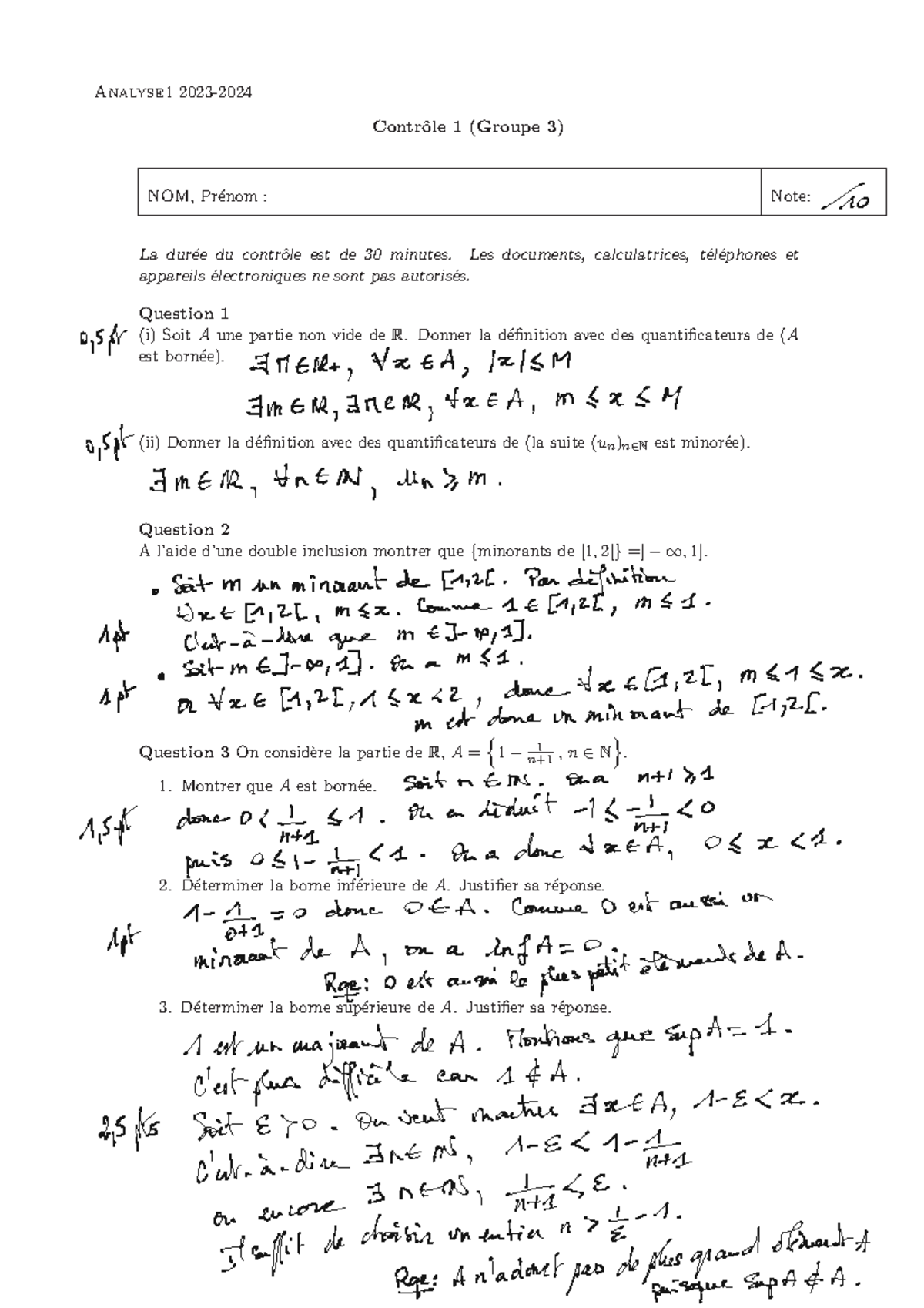 Corrigé cc1 Analyse 1 groupe 3 - Analyse1 2023- Contrˆole 1 (Groupe 3) NOM, Pr ́enom : Note: La ...