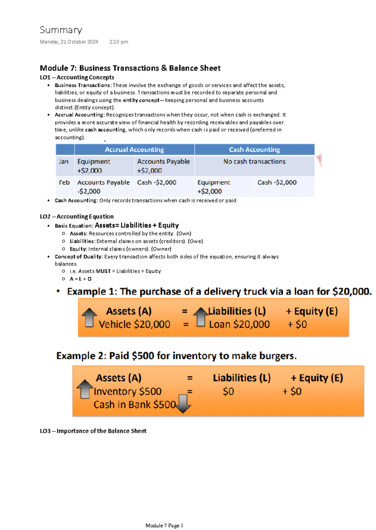 Module 7 summary b114 - Module 7: Business Transactions & Balance Sheet ...