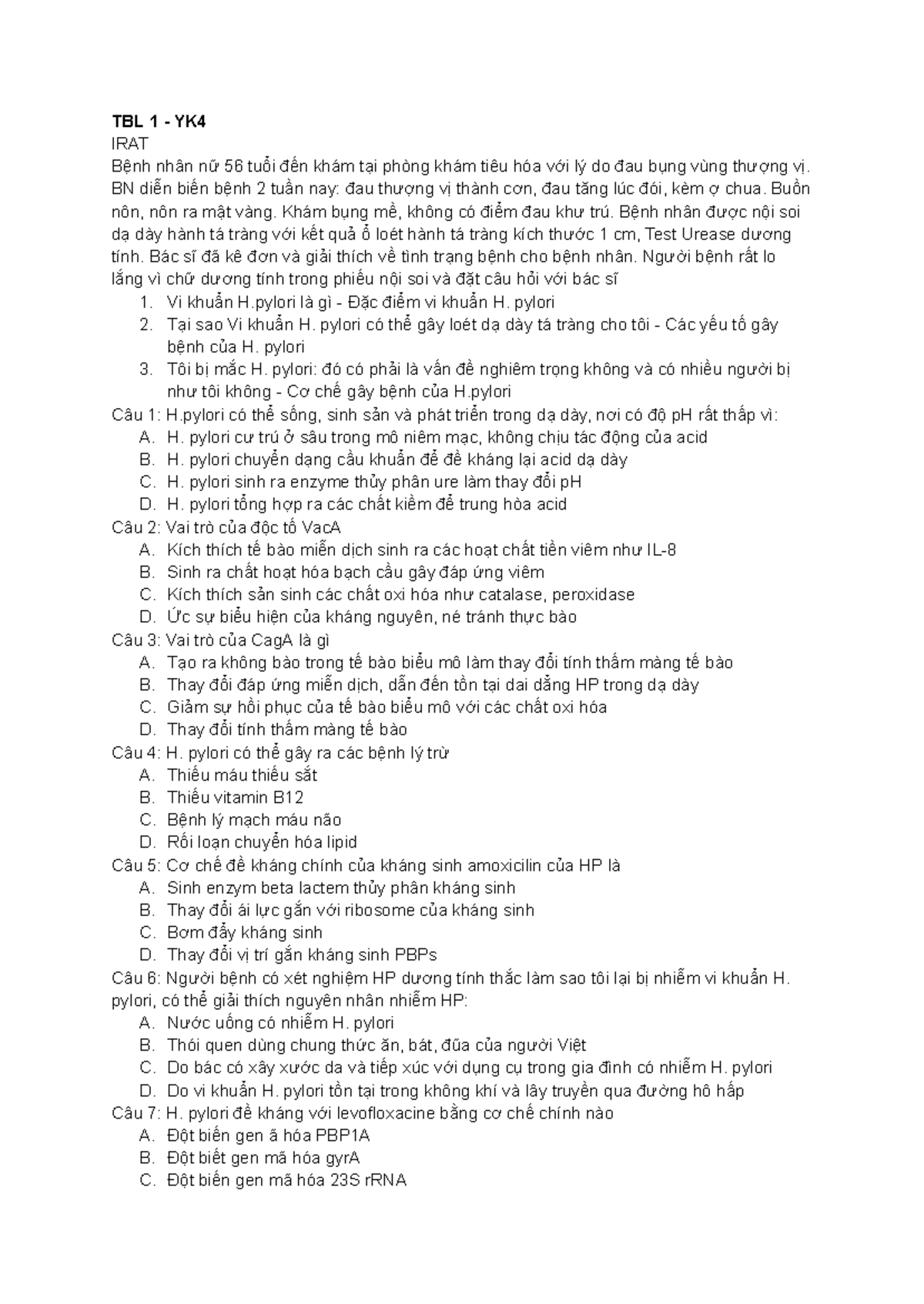MCQ-TBL-1 240909 111406 - TBL 1 - YK IRAT Bệnh nhân nữ 56 tuổi đến khám tại phòng khám tiêu hóa ...
