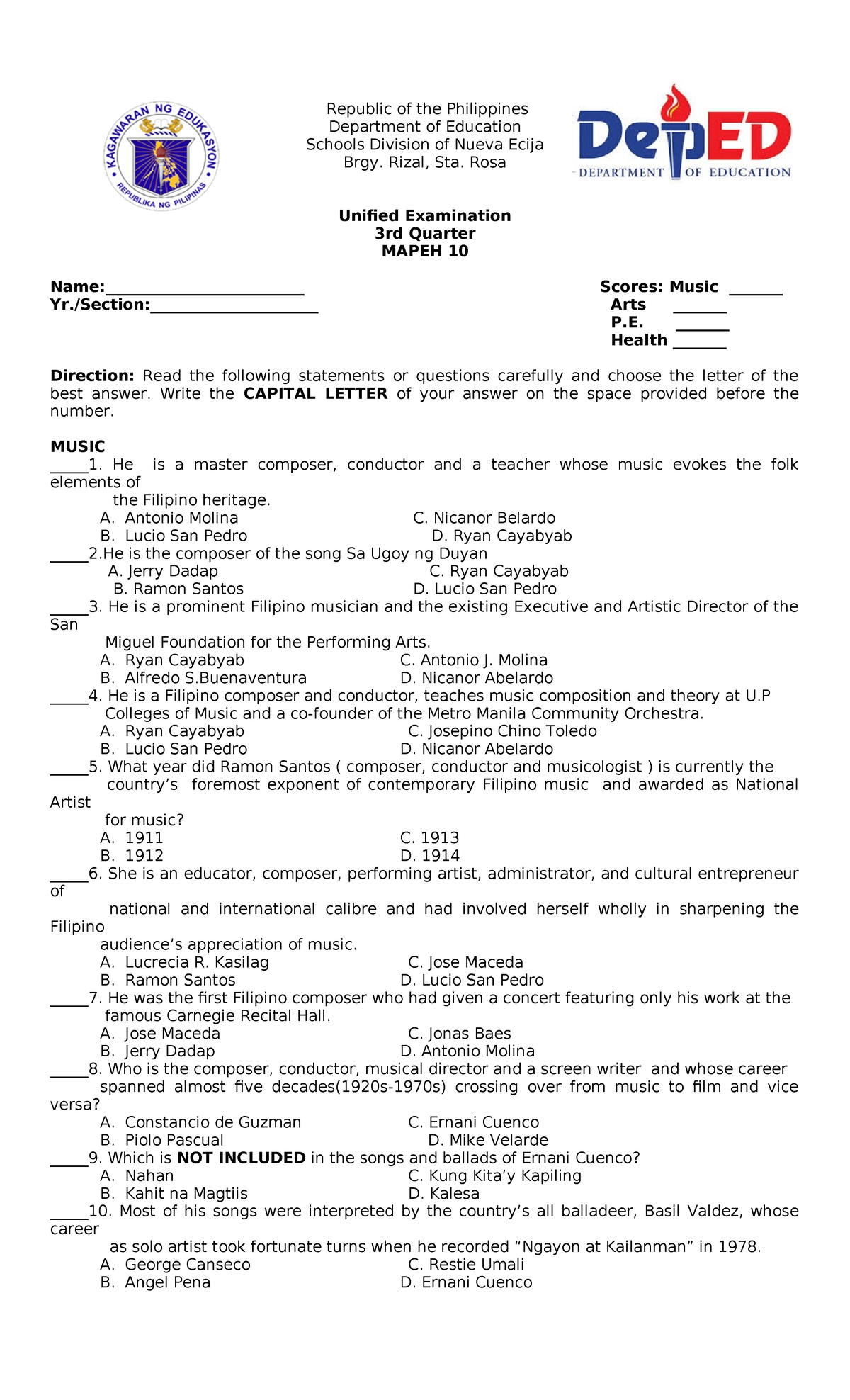 Unified Examination 3rd quarter Grade 10 - Republic of the Philippines ...