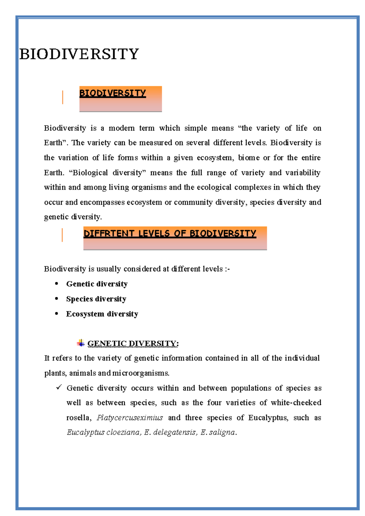 Biodiversity study report template - BIODIVERSITY Biodiversity is a ...