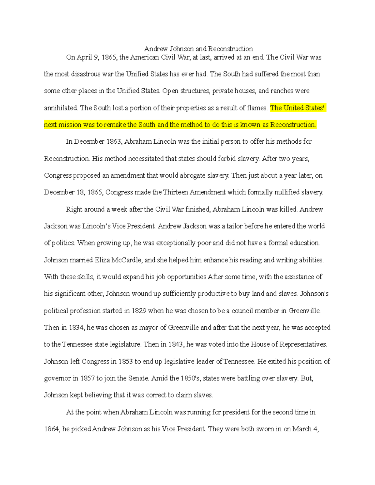 Andrew Johnson Essay - Grade: A - Andrew Johnson and Reconstruction On ...