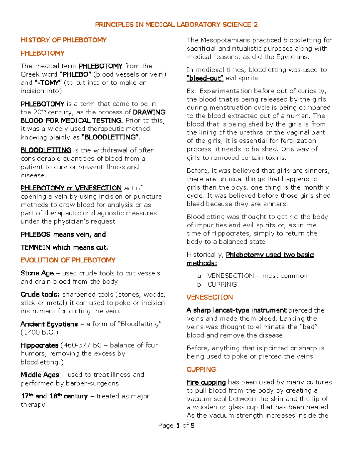 PMLS Cover To Cover Finals Exam Notes 1 HISTORY OF PHLEBOTOMY