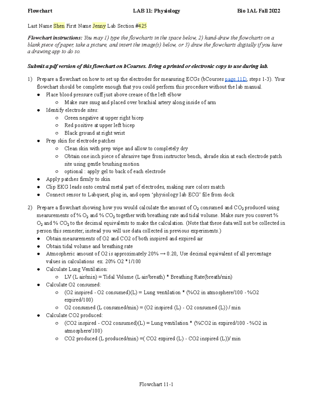 Physiology Flowchart - Flowchart LAB 11: Physiology Bio 1AL Fall 2022 ...