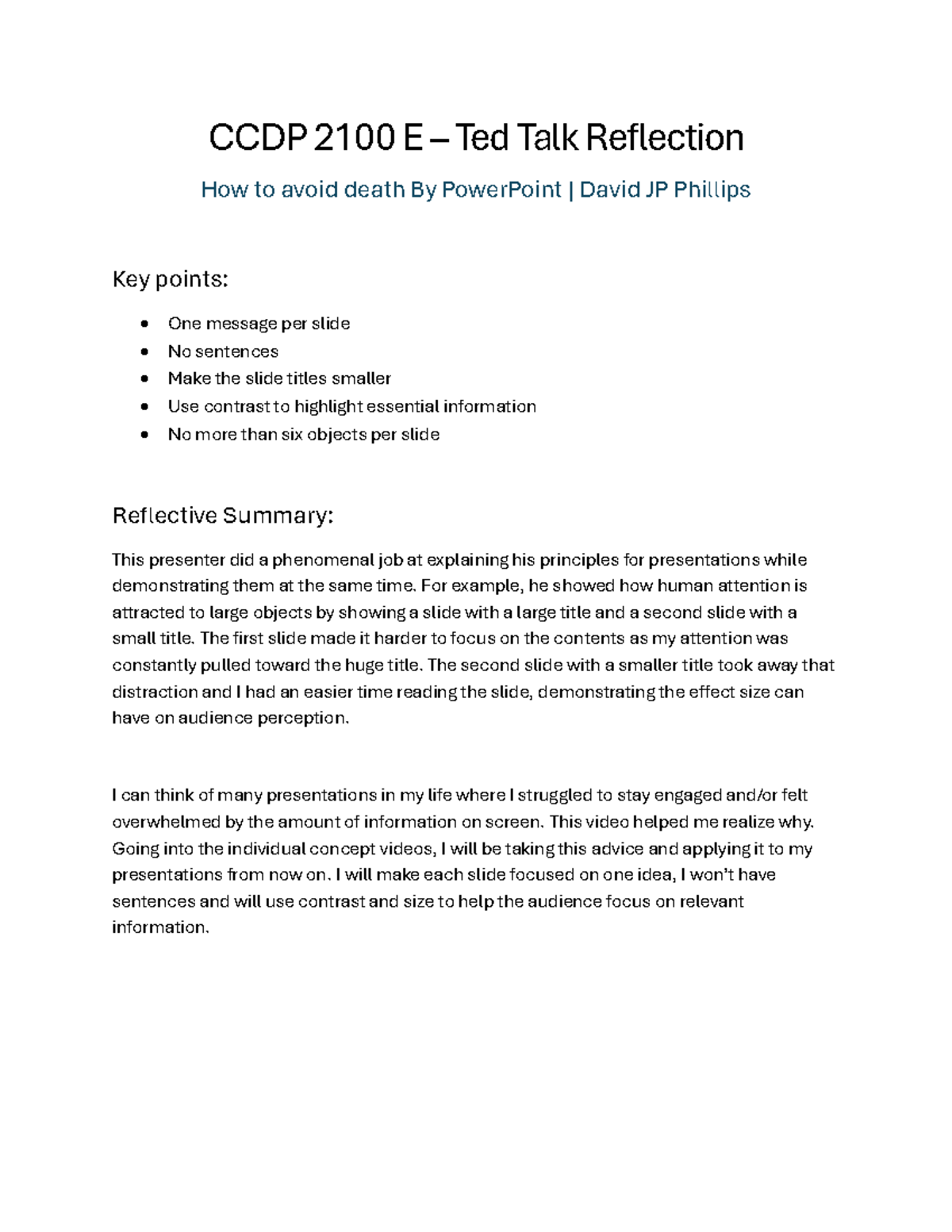 CCDP 2100 E - Submission of my reflection assignment of the David JP ...