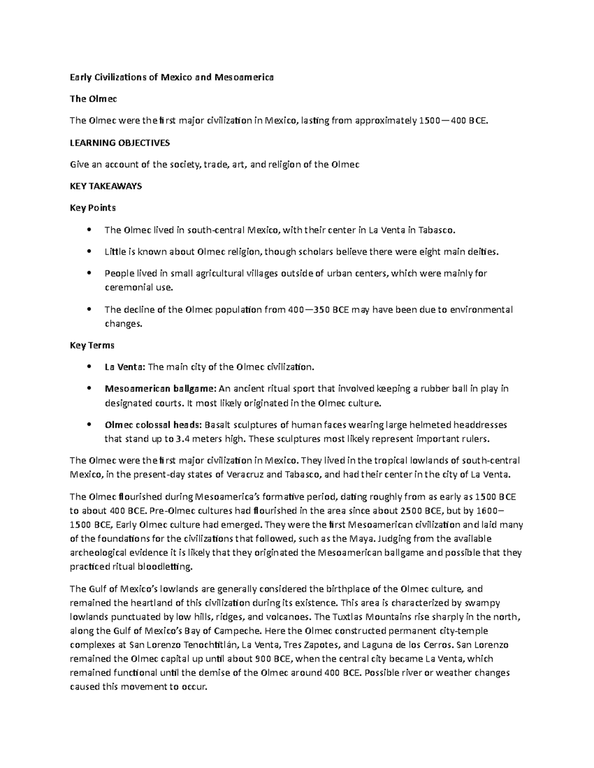 Early Civilizations of Mexico and Mesoamerica - LEARNING OBJECTIVES ...