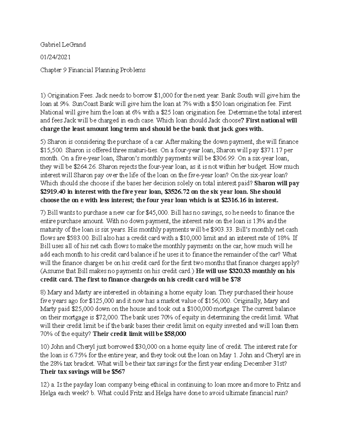 Chapter 9 Financial Planning Problems - Gabriel LeGrand 01/24/ Chapter ...