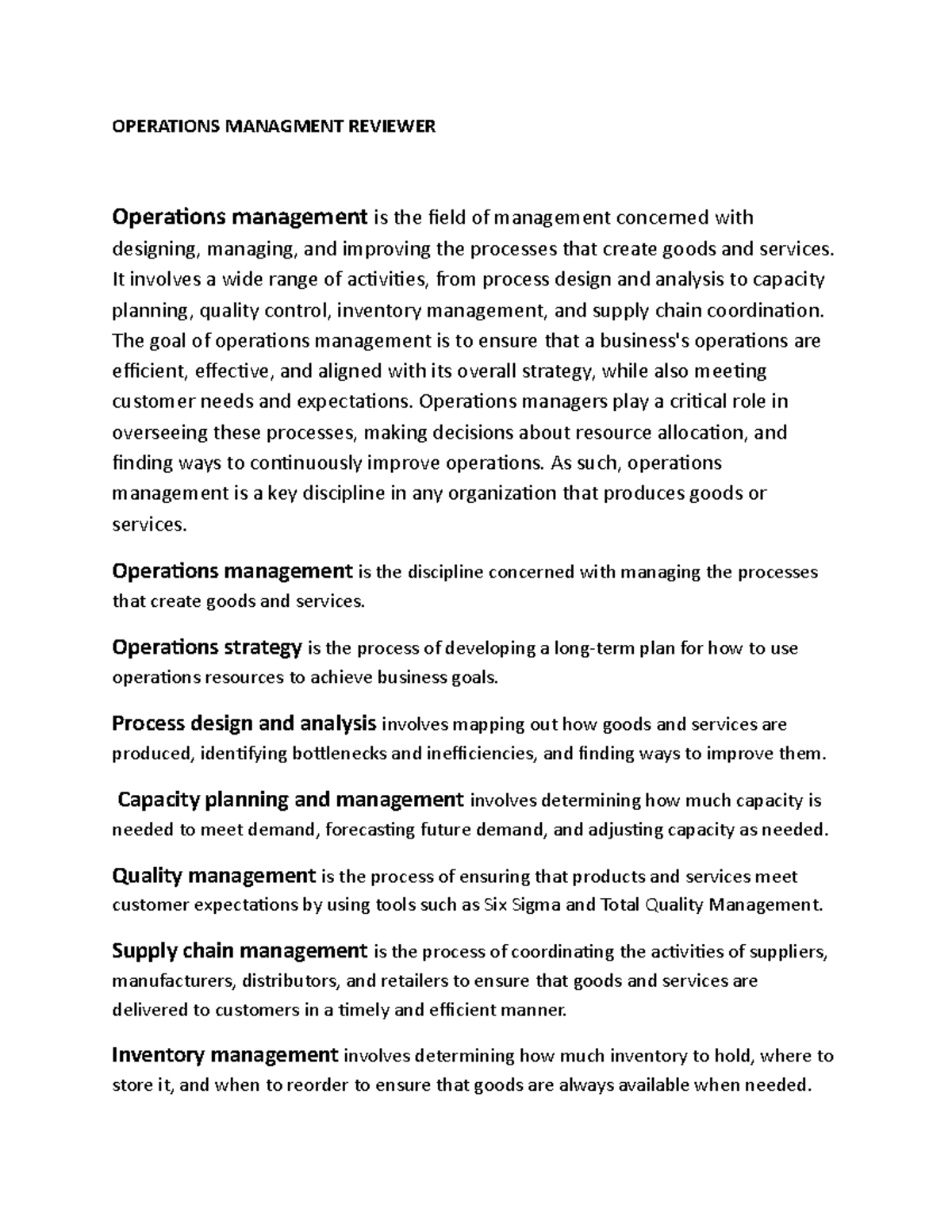 Operations Managment Reviewer - OPERATIONS MANAGMENT REVIEWER ...