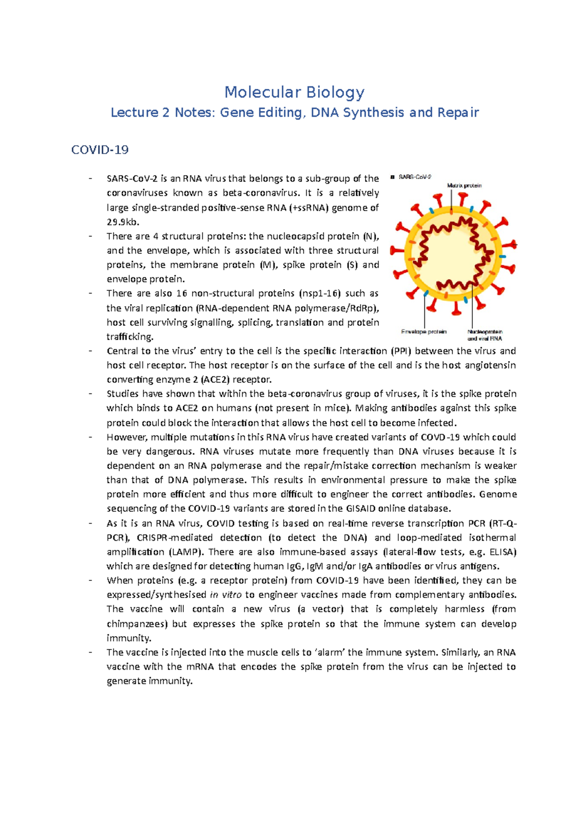 Lecture 2 Notes (Gene Editing and DNA Synthesis and Repair) - Molecular ...
