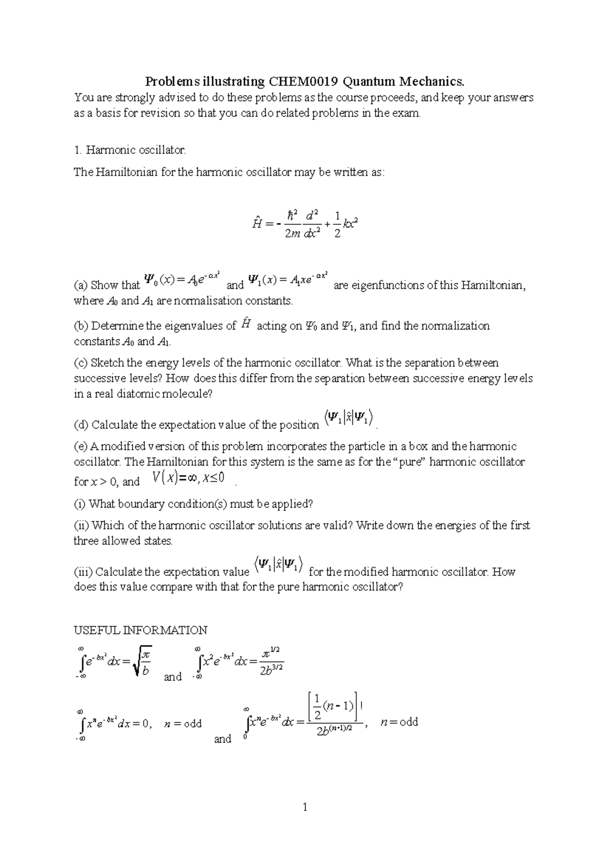 QMech Problems - Quantum qs - Problems illustrating CHEM0019 Quantum ...