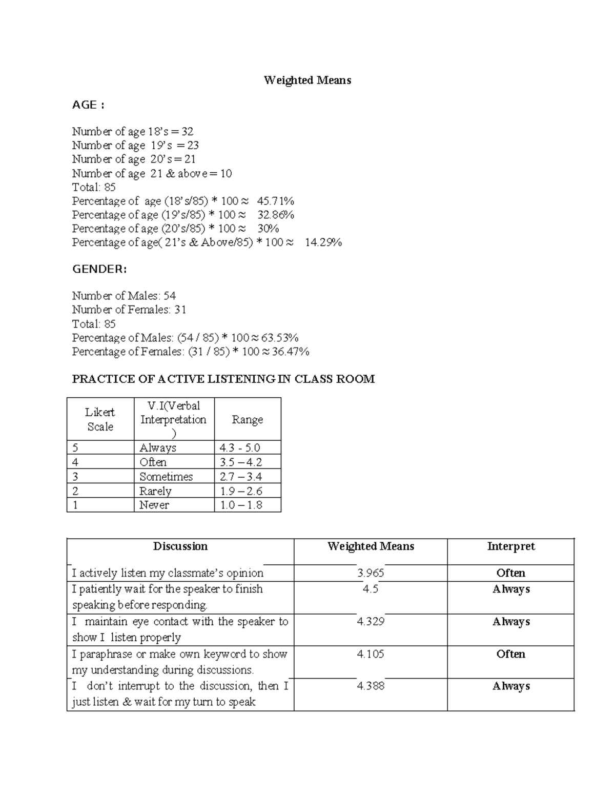 Weighted Means - Weighted Means AGE : Number of age 18’s = 32 Number of age 19’s = 23 Number of ...
