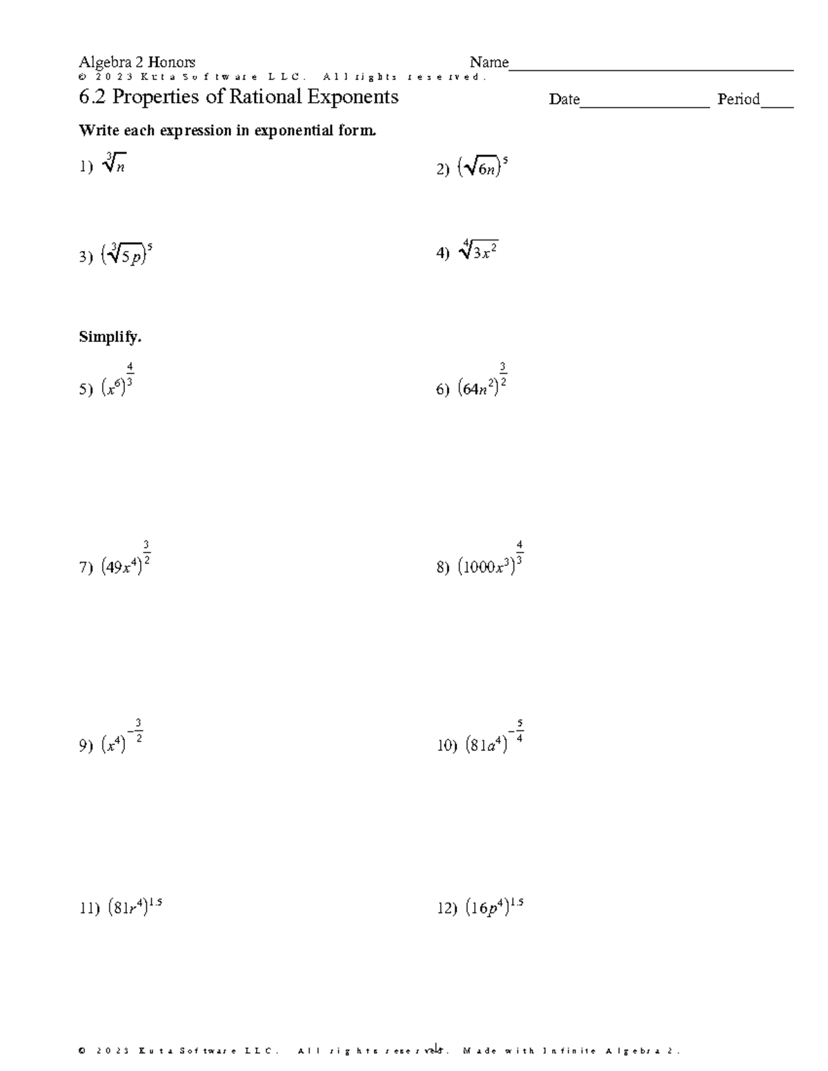 WS1 6.2 Properties of Rational Exponents 1 Student - ©V I 2 O 0 G 2 E 3 ...