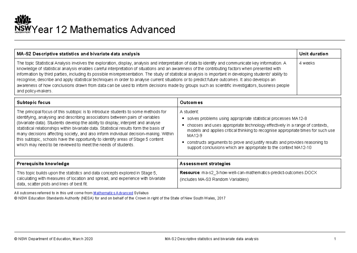 Ma s2 descriptive statistics and bivariate data analysis - Year 12 ...