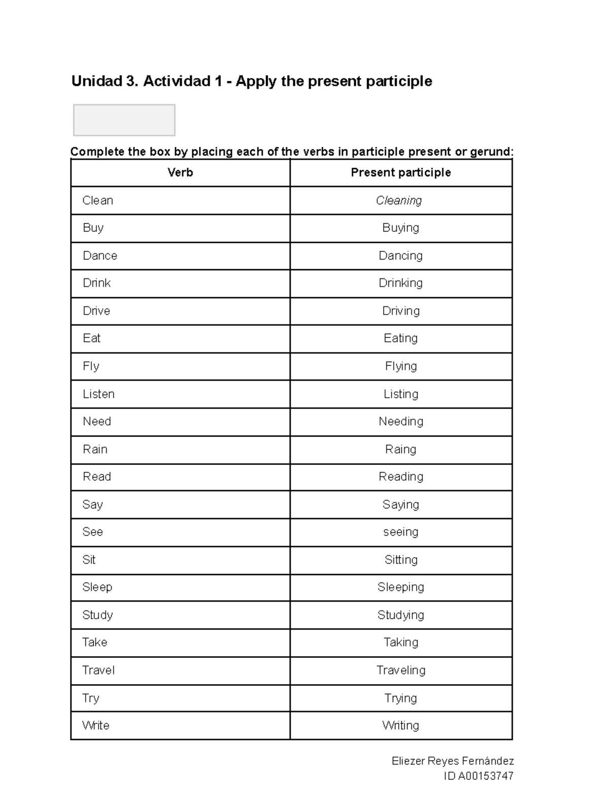 Apply the present participle - Unidad 3. Actividad 1 - Apply the ...