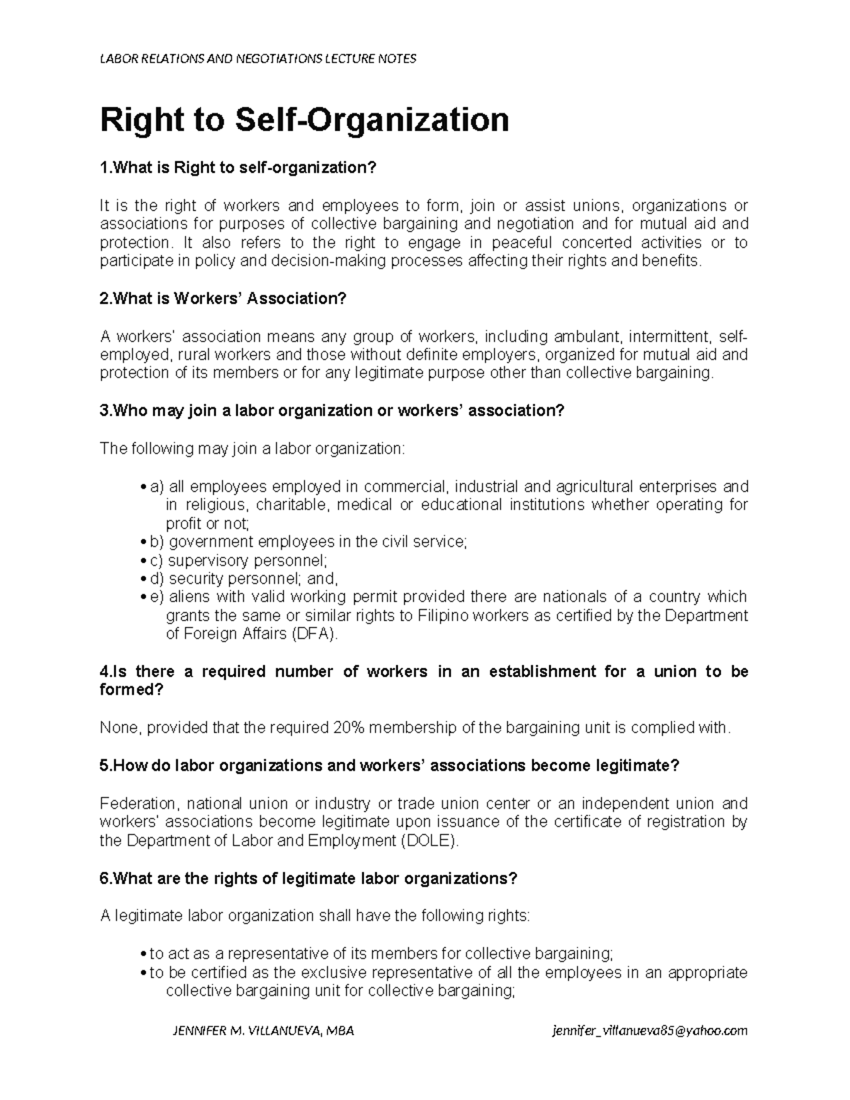 Right TO SELF Organization - LABOR RELATIONS AND NEGOTIATIONS LECTURE ...