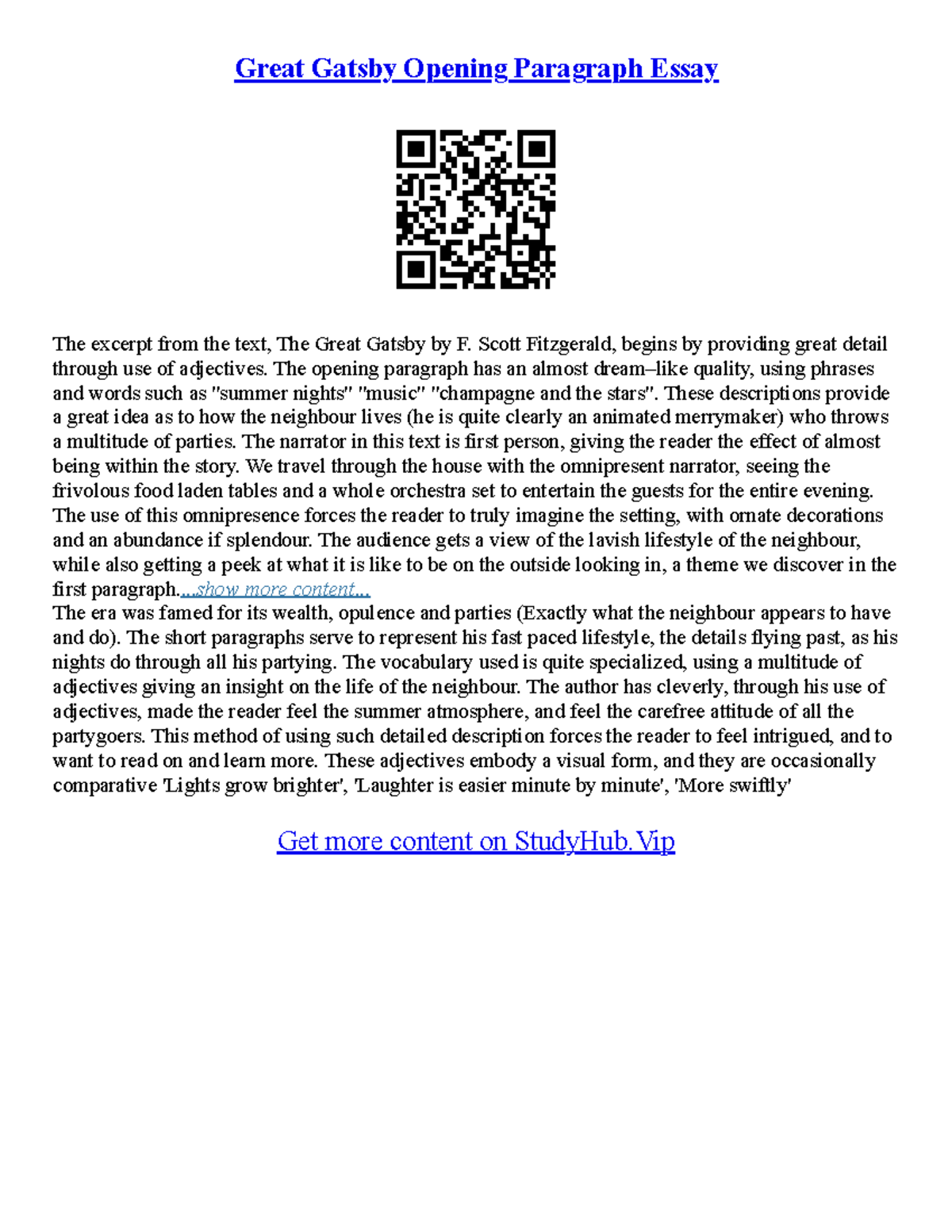 Opening Paragraph Essay - Scott Fitzgerald, begins by providing great ...