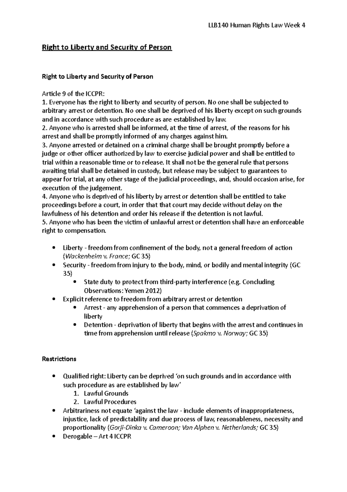 Week 4 Notes - Right to Liberty and Security of Person Right to Liberty ...