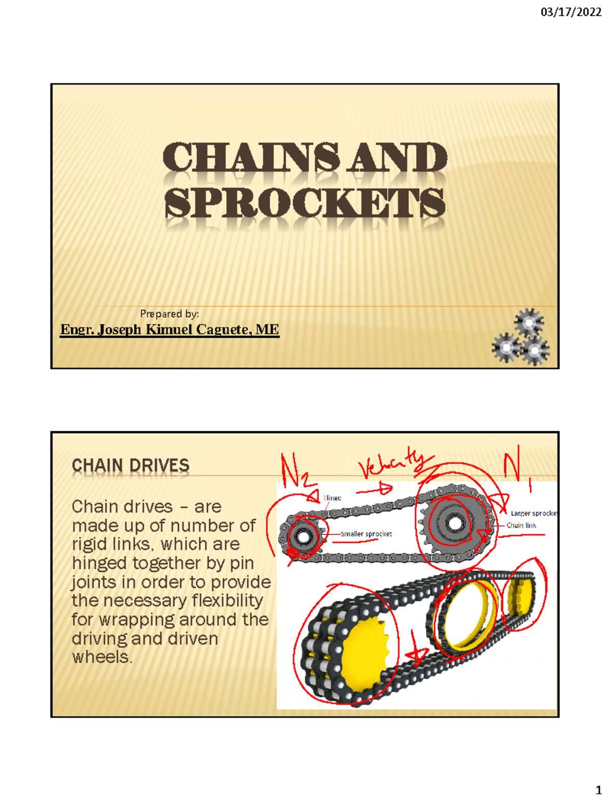 Chains Sprockets notes - CHAINS AND SPROCKETS Prepared by: Engr. Joseph ...