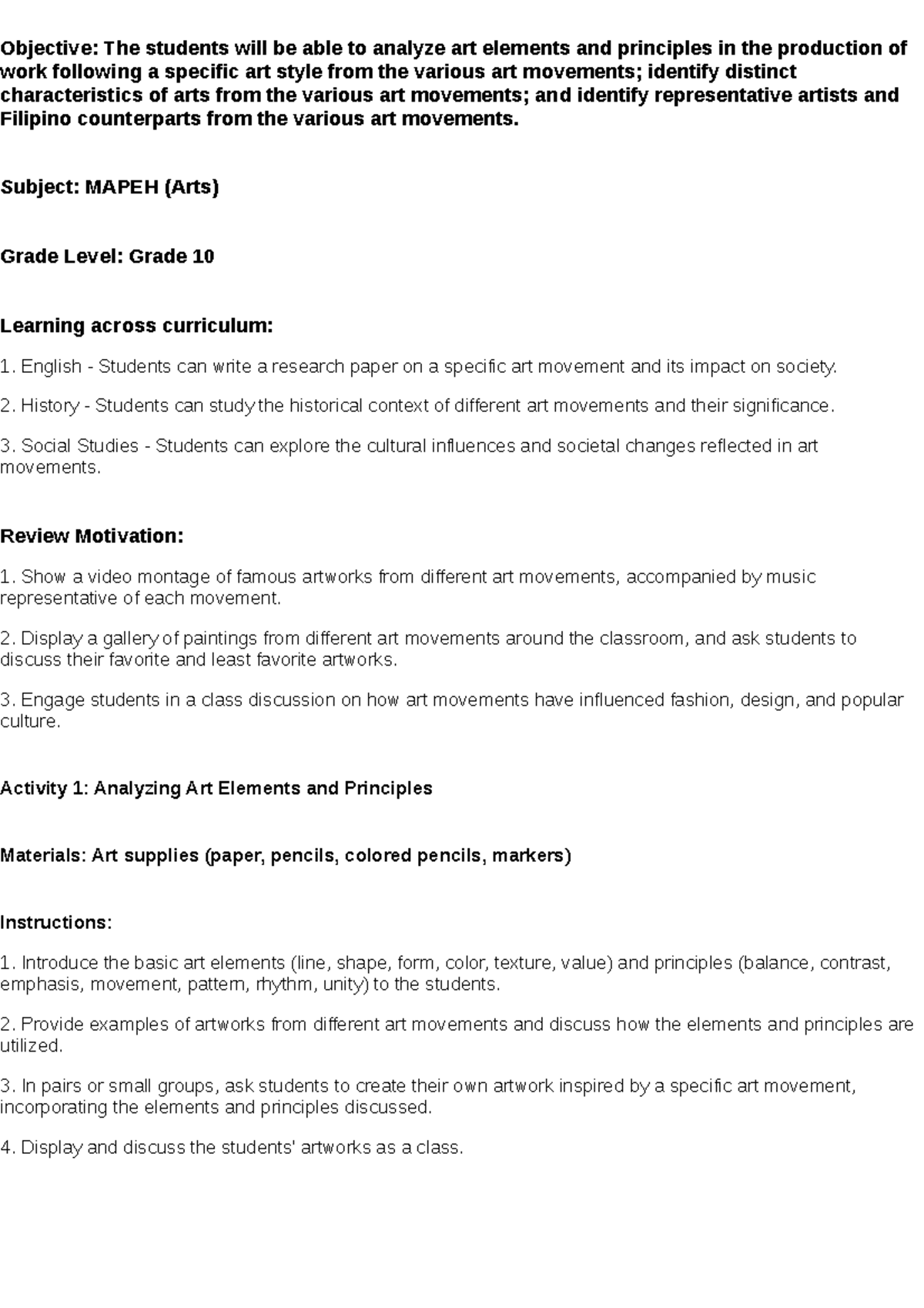 Lesson plan - Objective: The students will be able to analyze art ...