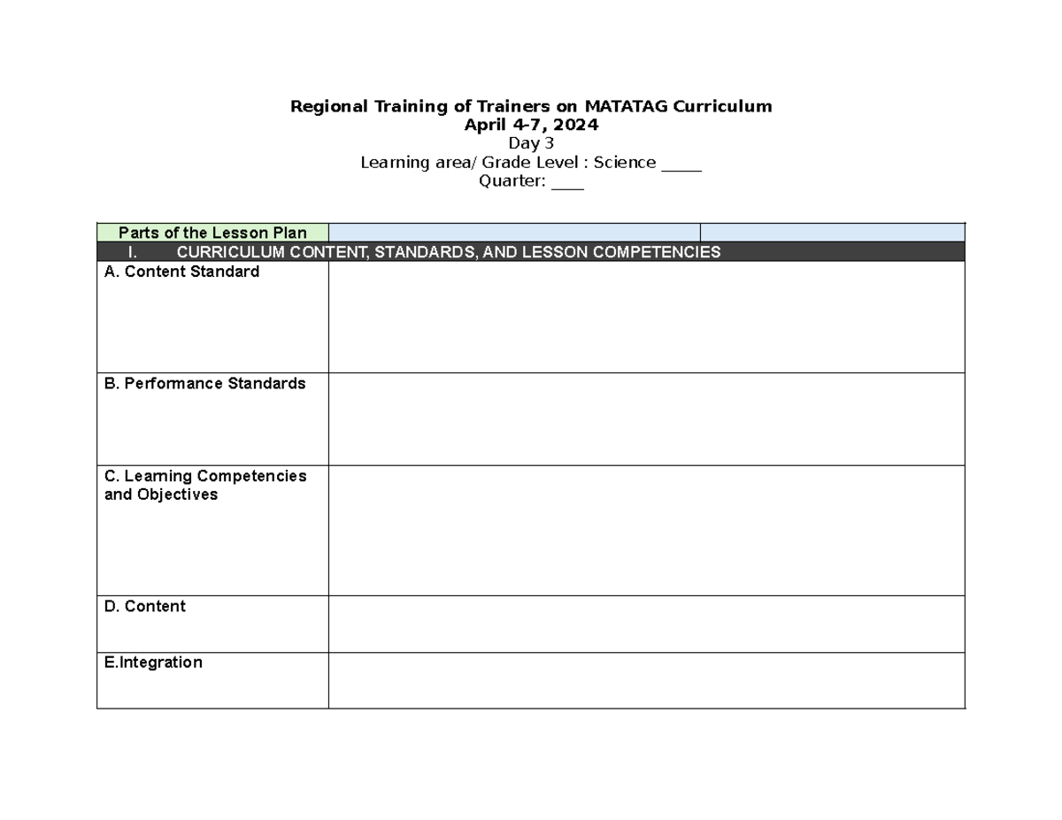 Matatag-Lesson-Plan-Template - Regional Training of Trainers on MATATAG ...