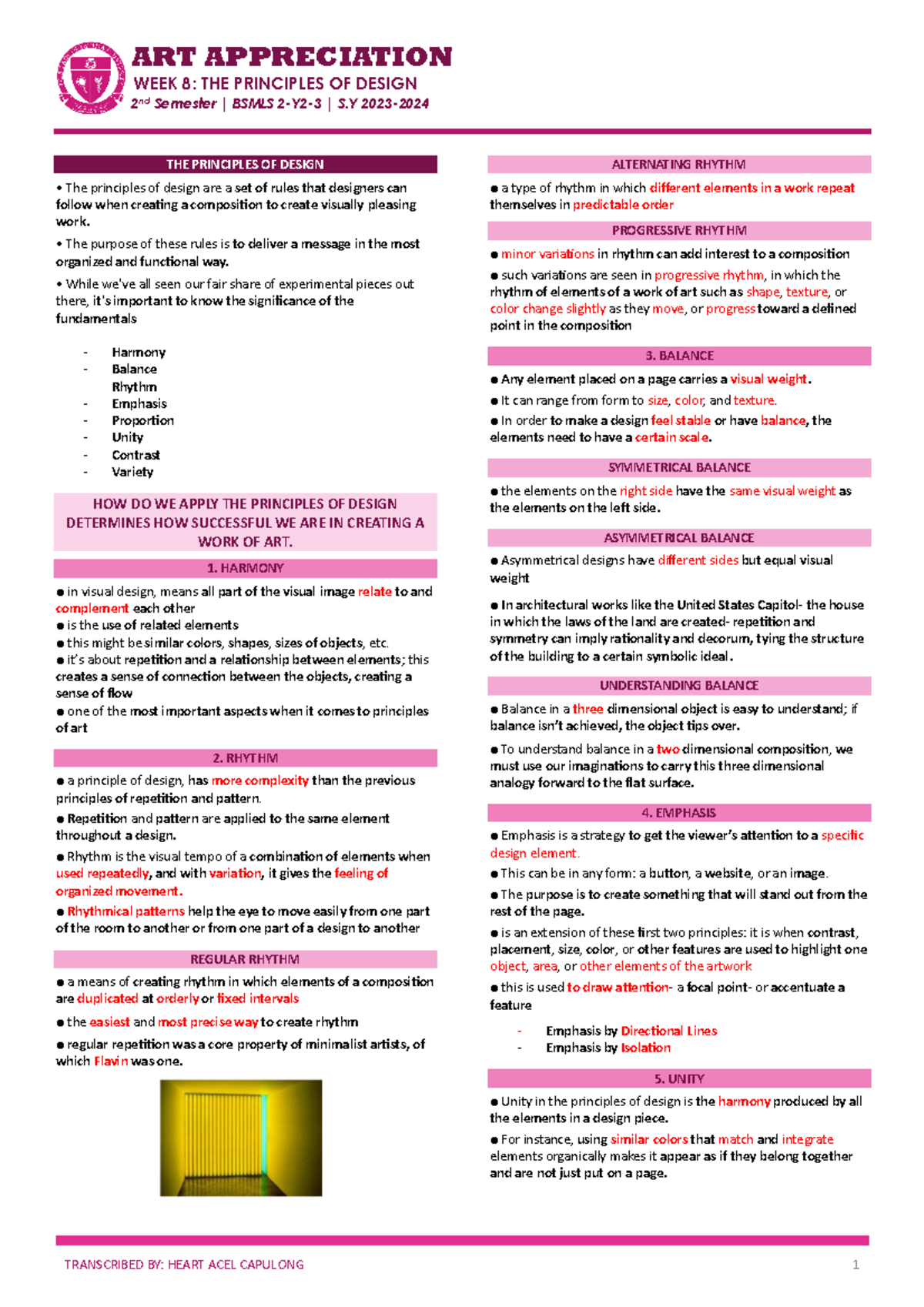 Notes IN ARTA (WEEK 8- THE Principles OF Design) - ART APPRECIATION ...