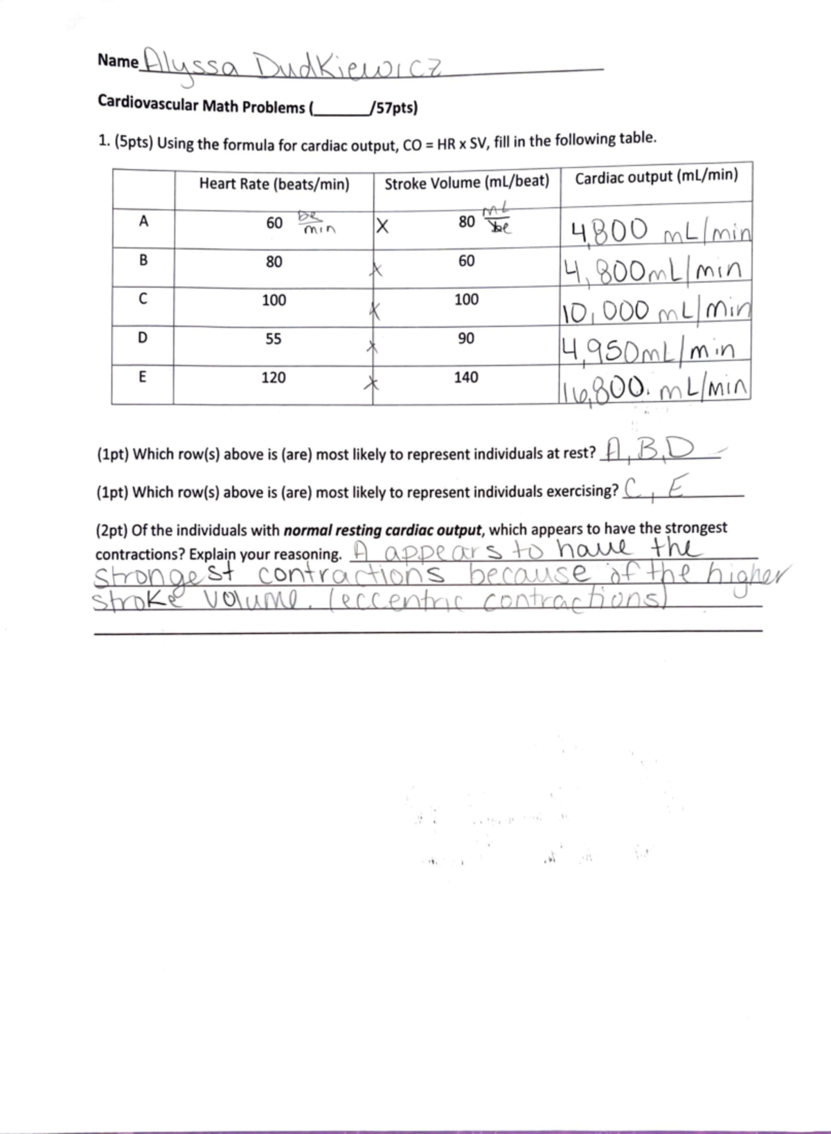 Cardiovascular Math Problems - __ ___,J/57pts) 1. (5pts) Using the ...