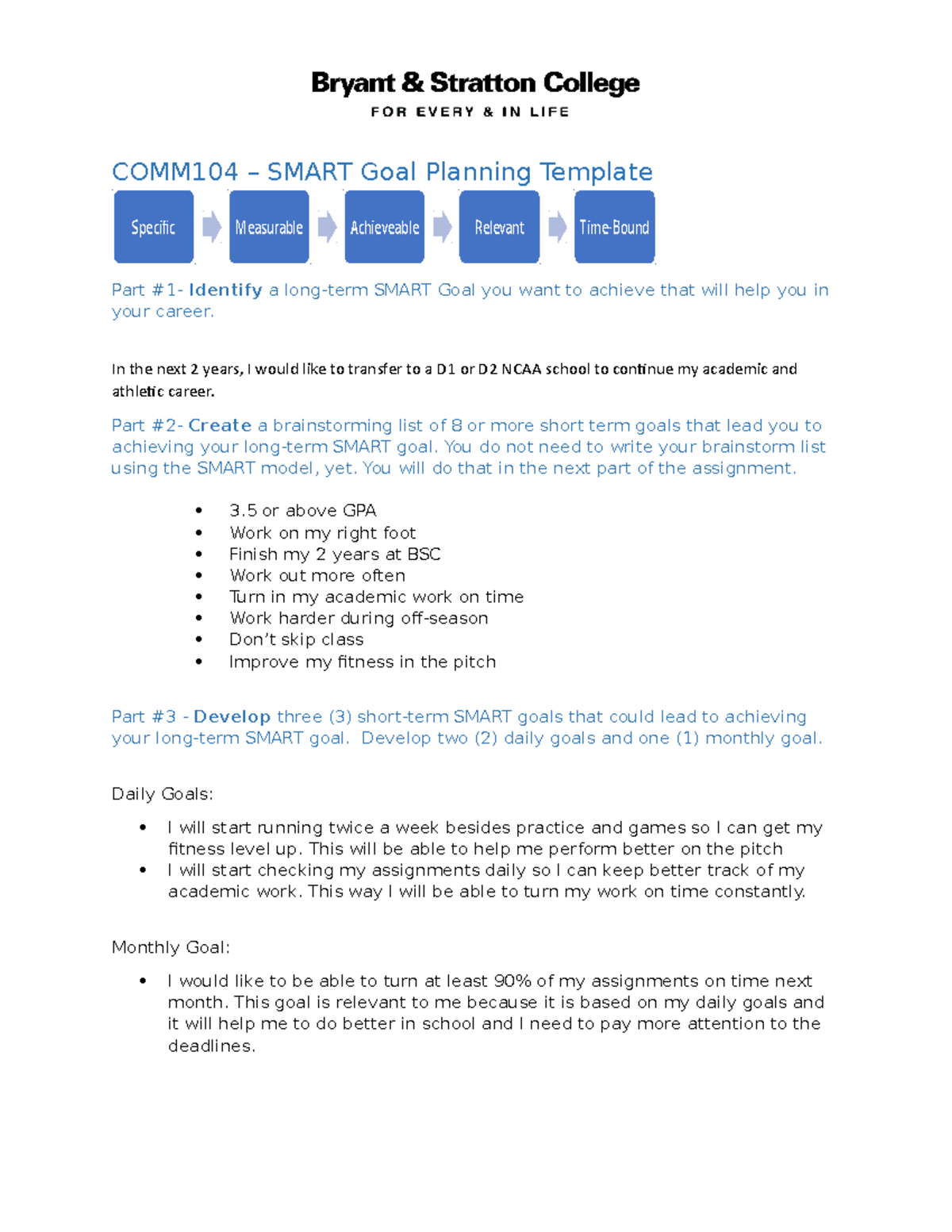 Smart Goal Planning - COMM104 – SMART Goal Planning Template Part #1 ...