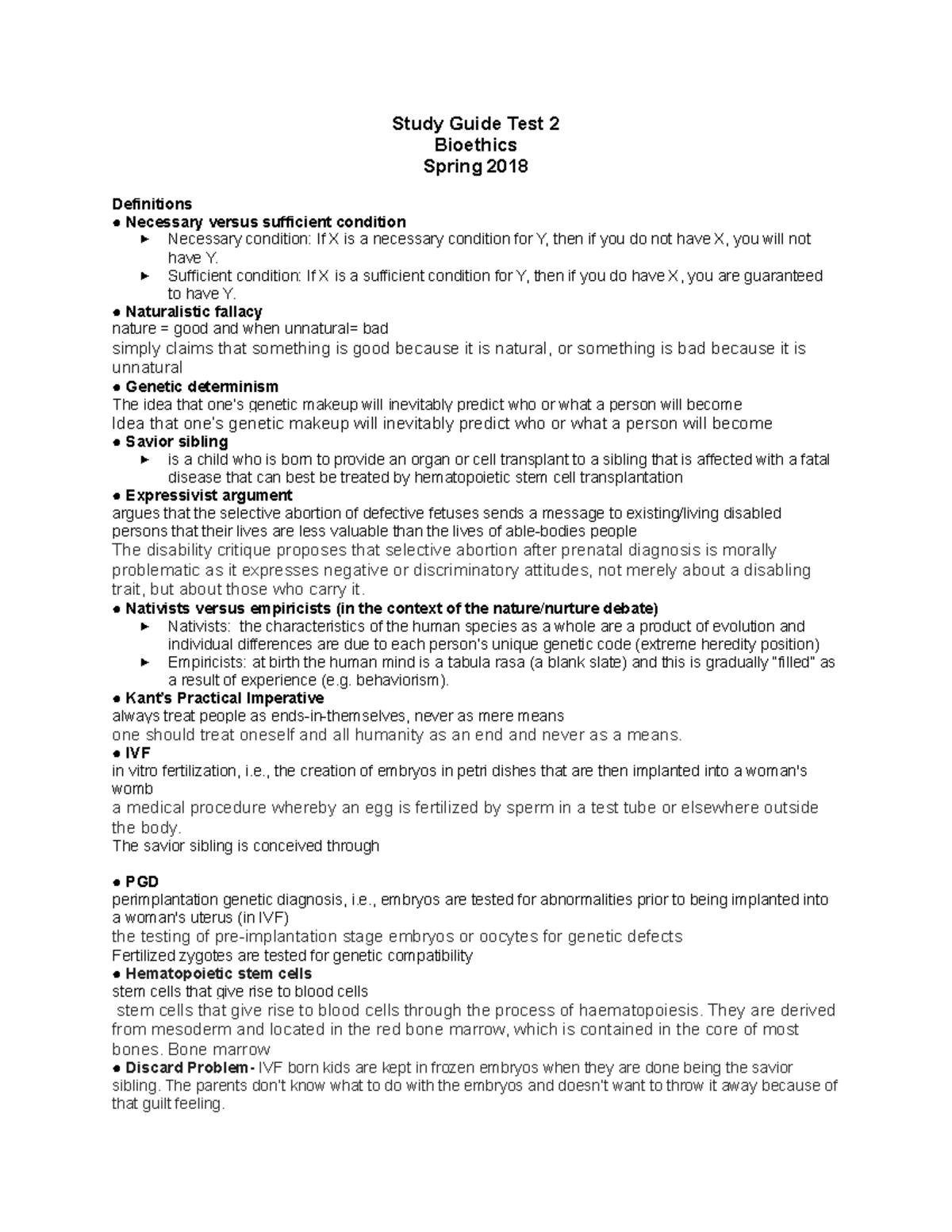 Exam 2 Study guide - Study Guide Test 2 Bioethics Spring 2018 ...
