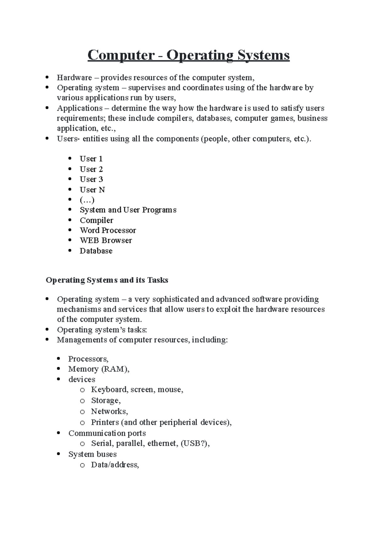 Computer - Operating Systems - , Users- entities using all the ...