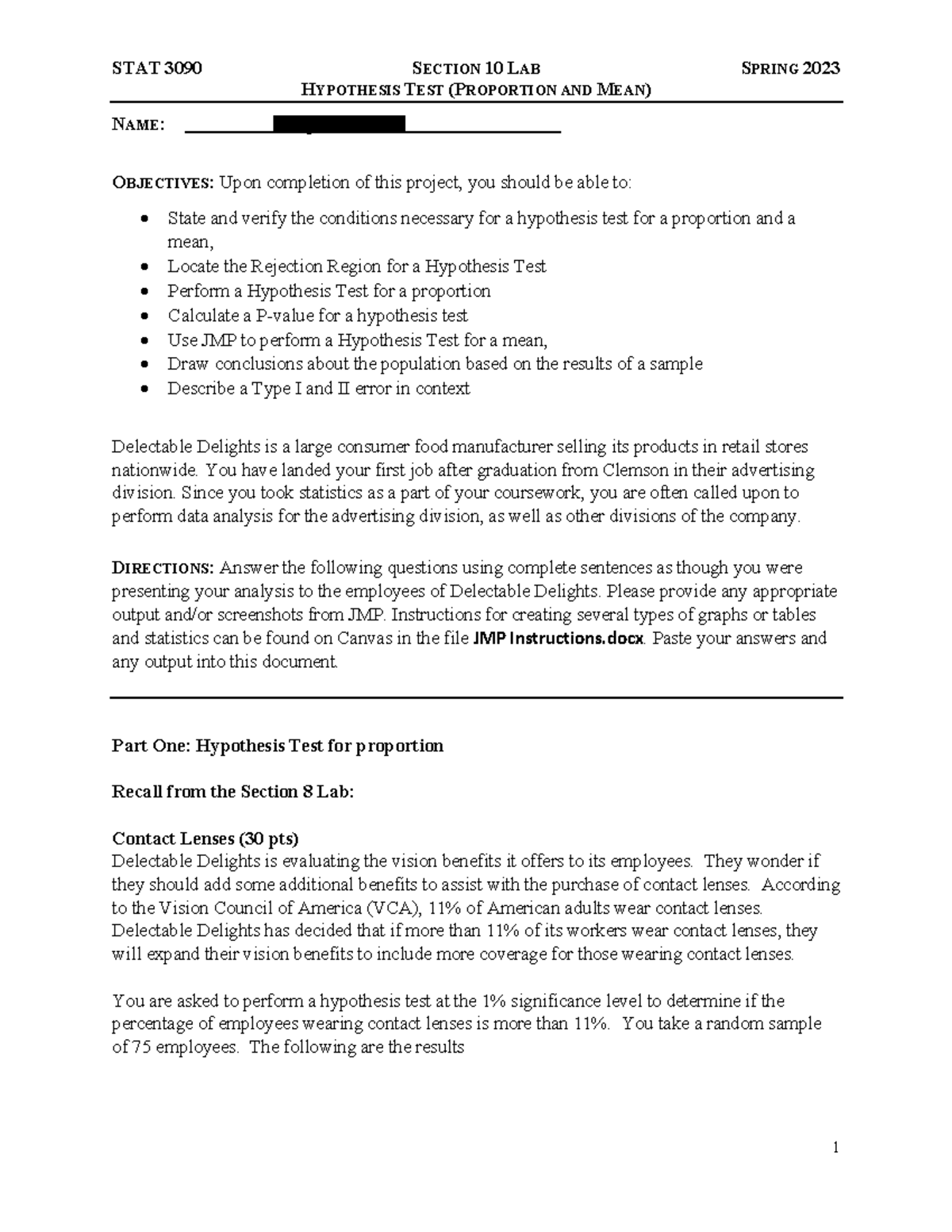 Section 9 Stat Lab - HYPOTHESIS TEST (PROPORTION AND MEAN) NAME: Paige ...
