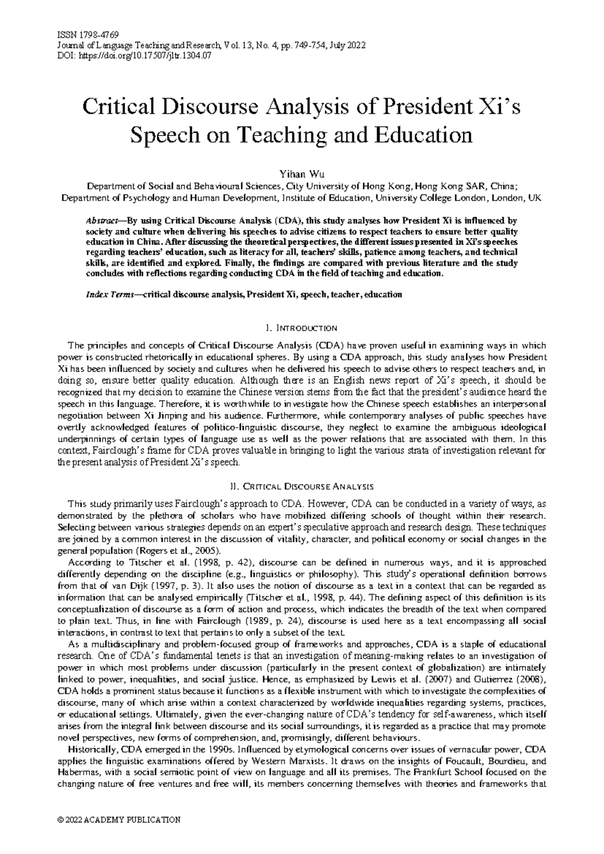 English Discourse - Critical Discourse Analysis of President Xi’s Speech on Teaching and ...