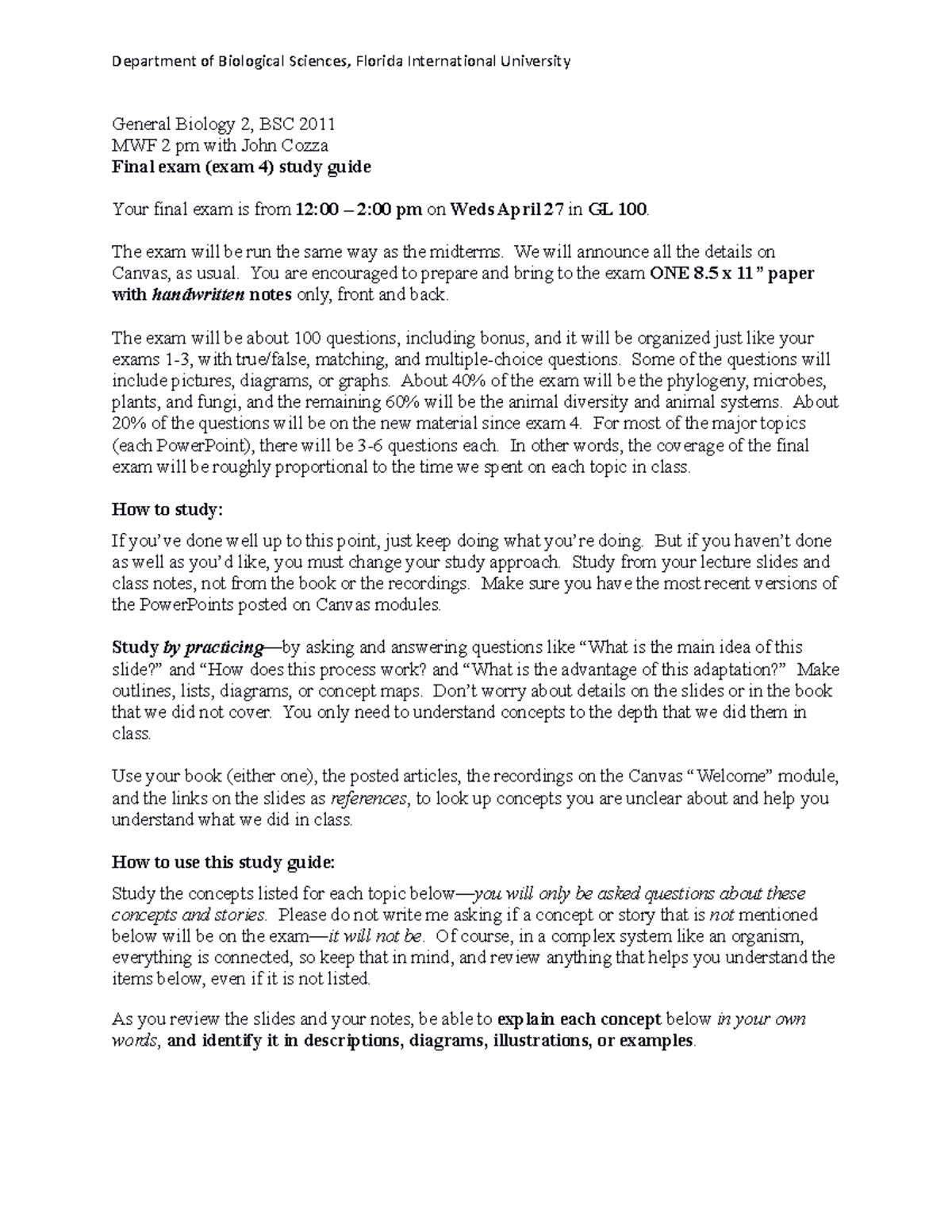 Study-guide-for-final-exam gen-bio-2 S22 JC - General Biology 2, BSC ...