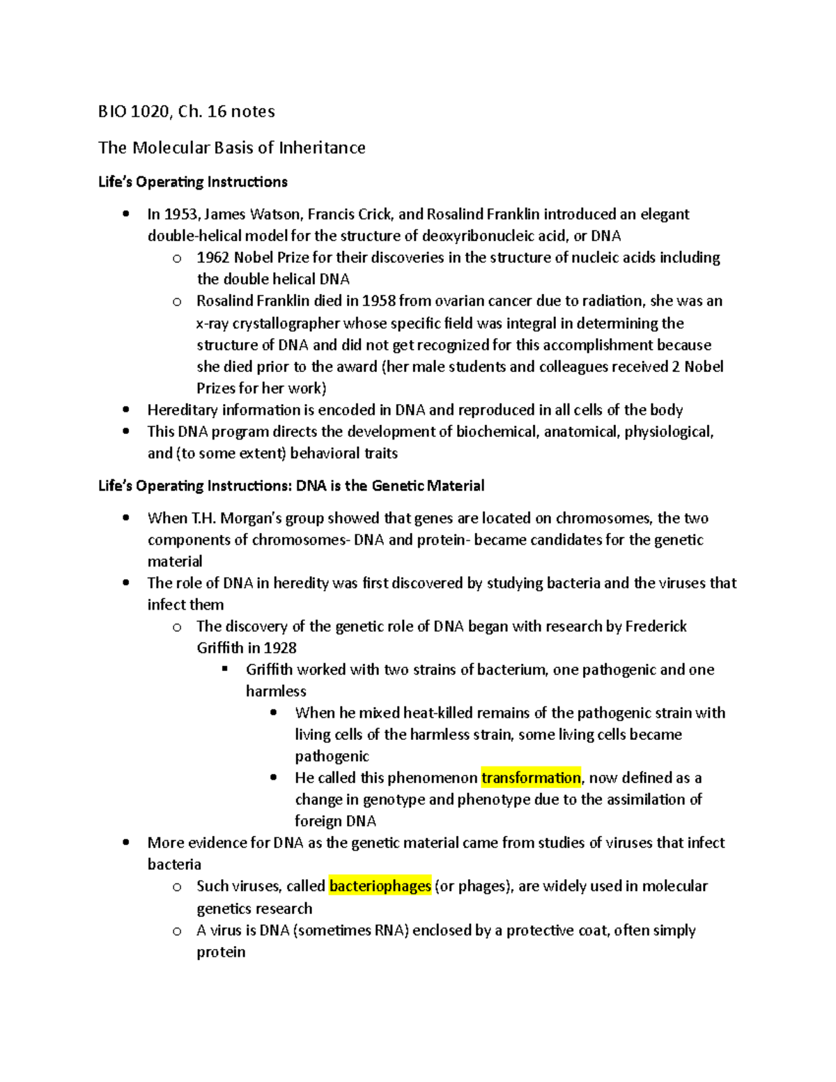 BIO 1020 Ch 16 notes - Dr. Meghan Kelley - BIO 1020, Ch. 16 notes The ...