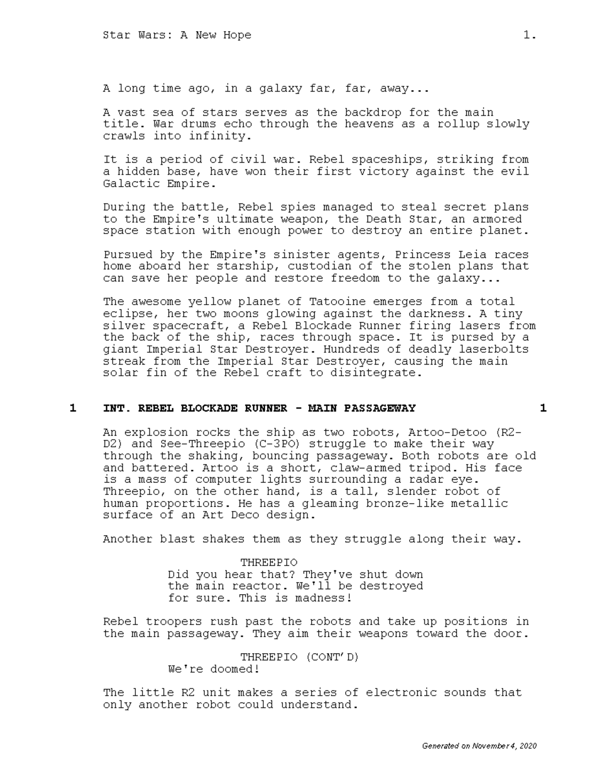 Star Wars A New Hope - Screenplay for Star Wars - A long time ago, in a ...