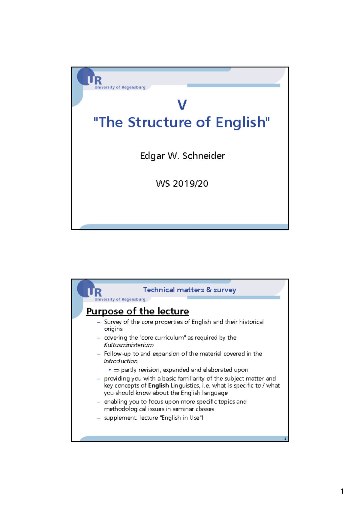 Structure of English WS 2019 20 2slides p P - V "The Structure of ...