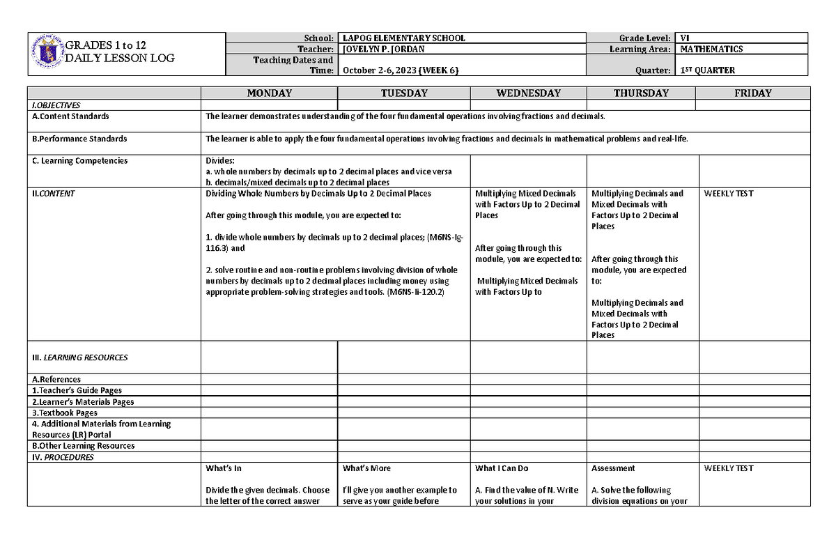 DLL Mathematics 6 Q1 W6 - module - GRADES 1 to 12 DAILY LESSON LOG School: LAPOG ELEMENTARY ...