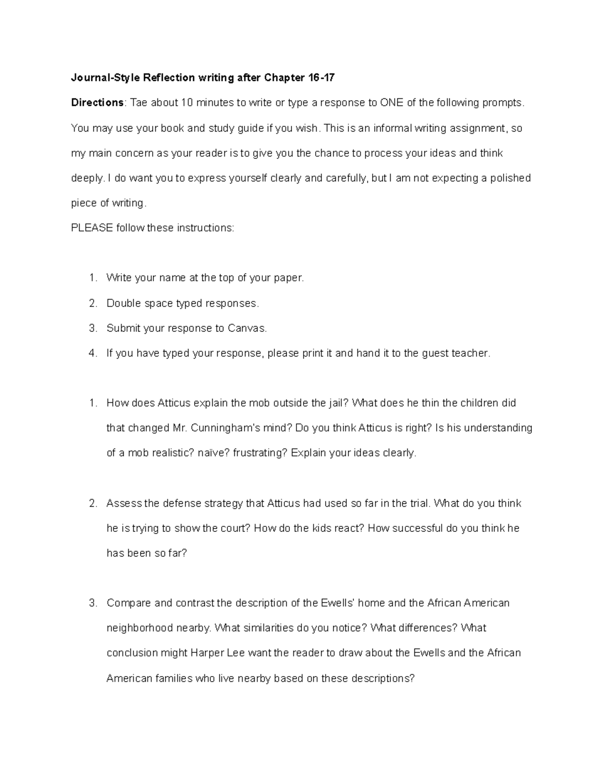 Journal-Style Reflection Writing after Chapter 16-17 - Journal-Style ...