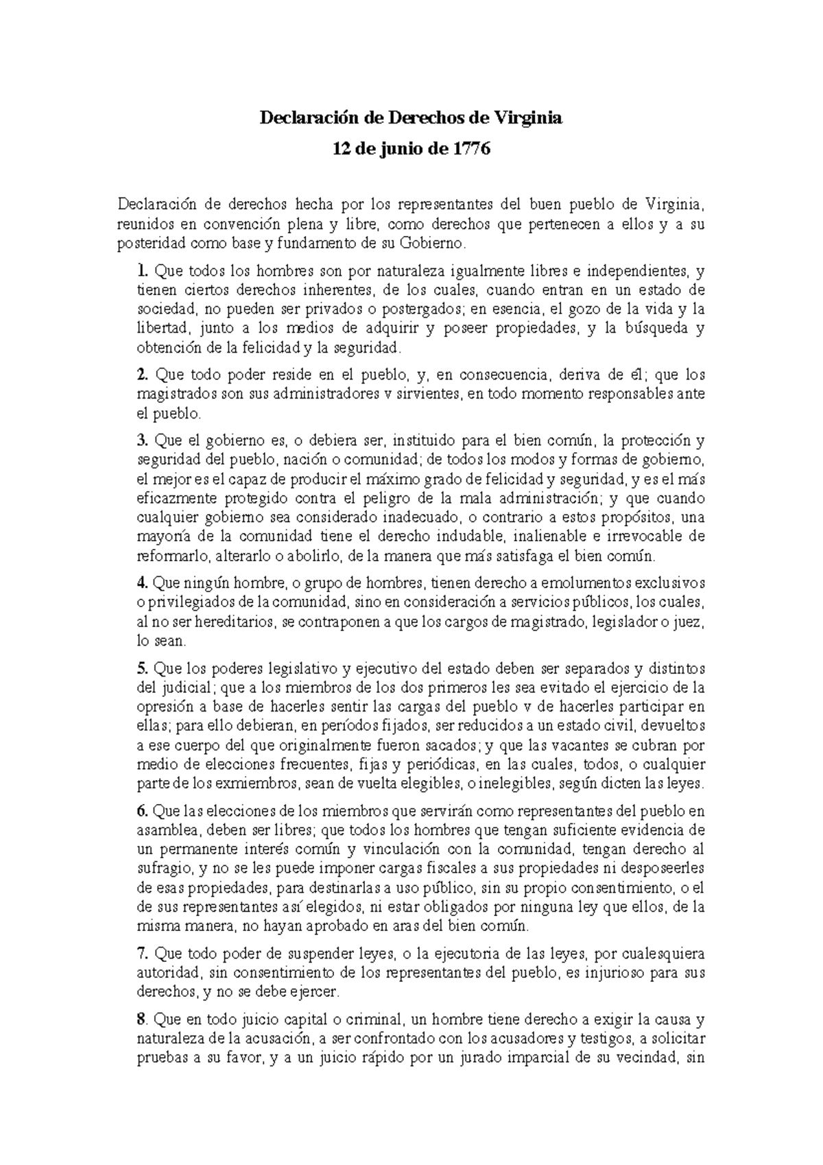 1776 Declaración de Derechos de Virginia (1776) - Declaración de ...
